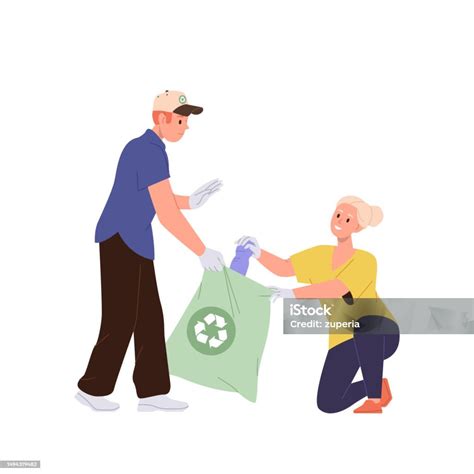 할머니와 십대 손자들은 플라스틱 쓰레기를 에코 자루 가방에 집어 들고 있다 가방에 대한 스톡 벡터 아트 및 기타 이미지 가방