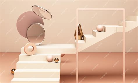 기하학적 모양과 함께 3d 렌더링 파스텔 배경 금과 파스텔 색상 검은 유리 프로모션 또는 제품 쇼를위한 단순한 유행 디자인 최소한의 배너 모 프리미엄 사진