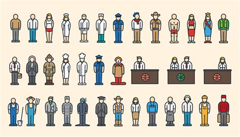 전문 작업자 직원 작업 작업 직업 직업 경력 하 인 색 벡터 플랫 라인 아이콘 설정된 기호 그림 최소한의 흰색 절연 교사 교육 관련 직업에 대한 스톡 벡터 아트 및 기타