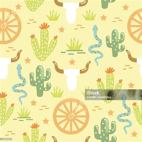 선인장은 사막의 원활한 패턴 서양 일러스트레이션 암소 두개골 바퀴와 선인장과 뱀야생 서쪽 사막 벡터 베이비 부드러운 스타일 색상