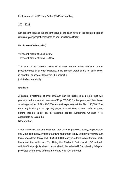 lecture notes net present value net present value npv present