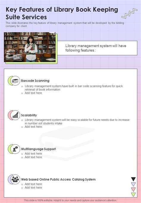 Key Features Of Library Book Keeping Suite Services One Pager Sample Example Document Ppt Powerpoint