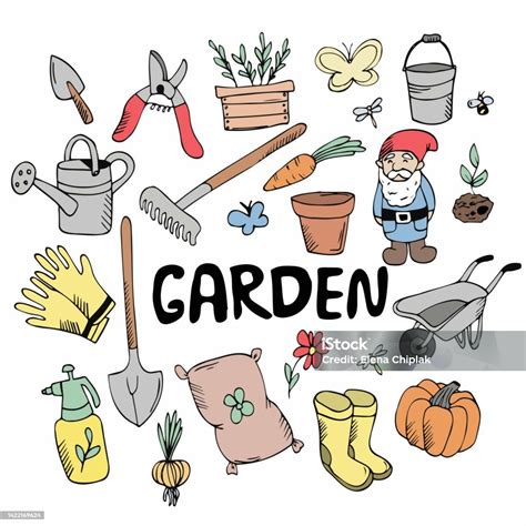 정원 마을 라인 만화 세트 고무 부츠 갈퀴와 장갑 삽 Secateurs 정원 카트 모자 급수 캔 호스 손으로 그린 격리 벡터 일러스트 레이 션 0명에 대한 스톡 벡터 아트
