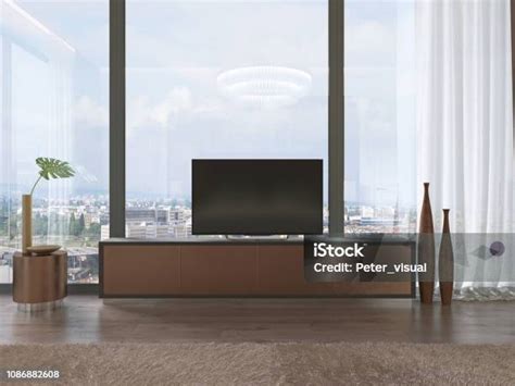 나무 Tv 캐비닛 현대적인 스타일에 큰 창으로 설정 하는 Tv 라운드 테이블과 바닥 램프입니다 나무는 화병 0명에 대한 스톡 사진 및 기타 이미지 Istock