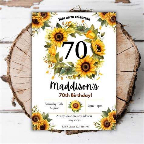 Printable Sunflower 70th Birthday Invitation Editable Rustic Flower