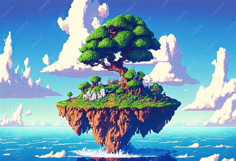 Premium Photo Pixel Art Of Paradise Island Floating In The Sky