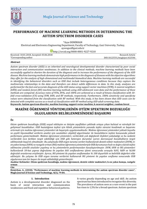 Pdf Performance Of Machine Learning Methods In Determining The Autism Spectrum Disorder Cases