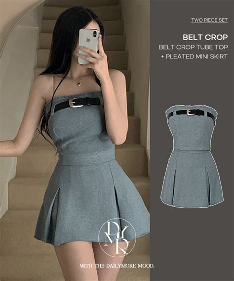세트가격3color 벨트 크롭 튜브탑 플리츠 미니 스커트 세트 셋트 투피스 에이블리
