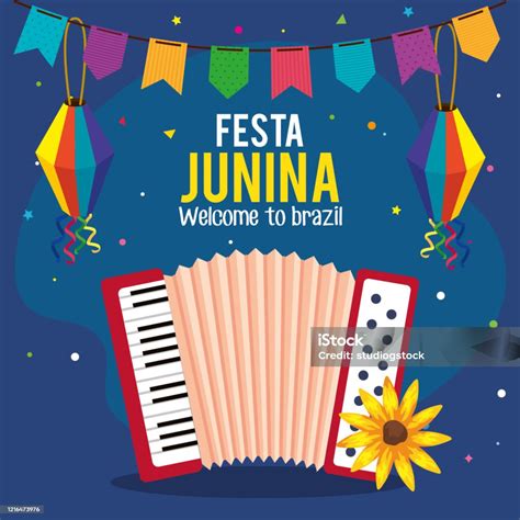 affiche festa junina avec accordéon et icônes traditionnelles vecteurs