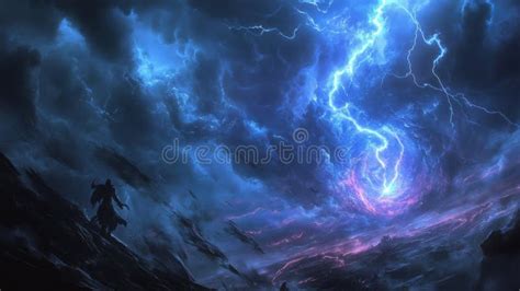 Silhouette Figure Against A Dramatic Nightscape With Vibrant Lightning