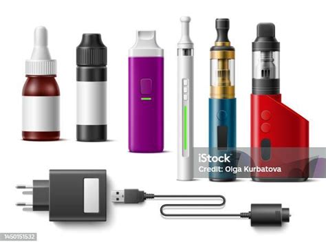 현실적인 Vape 3d 기화기 요소 격리 된 전자 담배 다른 유형 예비 카트리지 배터리 및 방향족 액체 휴대용 전자 담배 흡연 액세서리 Utter 벡터 세트 전자담배에 대한
