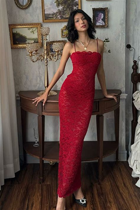 Elegant Red Lace Bodycon Slip Dress Dressbetty