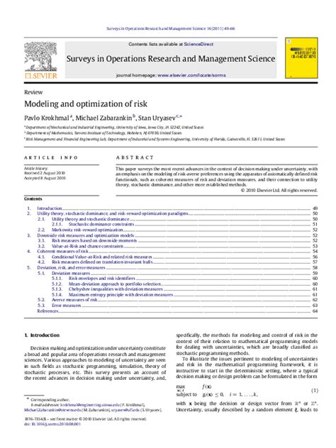 Pdf Modeling And Optimization Of Risk