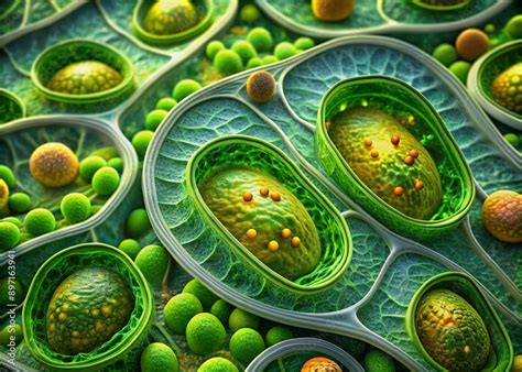 Vibrant Green Chloroplasts Within Plant Cells Showcasing Intricate Internal Structures