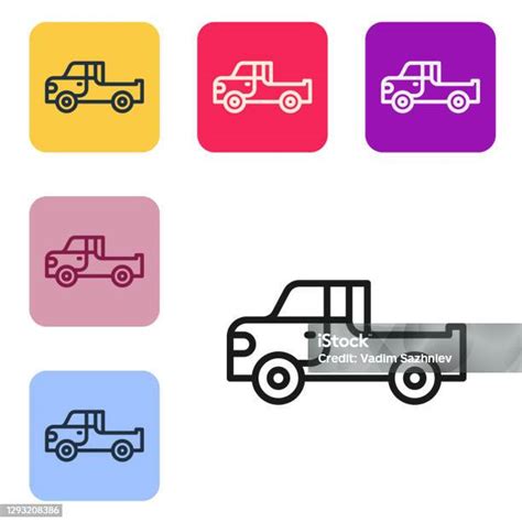 흰색 배경에 격리 된 검은 줄 픽업 트럭 아이콘 색상 정사각형 단추로 아이콘을 설정합니다 벡터 검은색에 대한 스톡 벡터 아트 및 기타 이미지 Istock