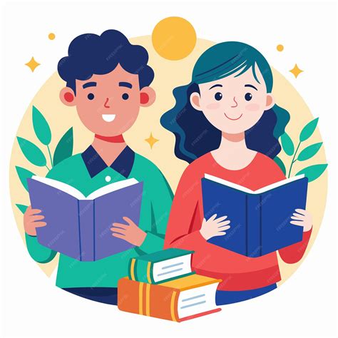 Couple Of Students Reading Book Vector Cartoon Illustration For
