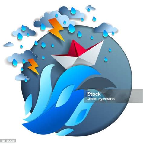 번개와 뇌우에서 수영 종이 접기 종이 선박 장난감 장난감 장난감 보트와 바다를 통해 폭풍우 비오는 날씨의 극적인 벡터 그림 생존을 위해 투쟁 폭풍에 대한 스톡 벡터 아트 및