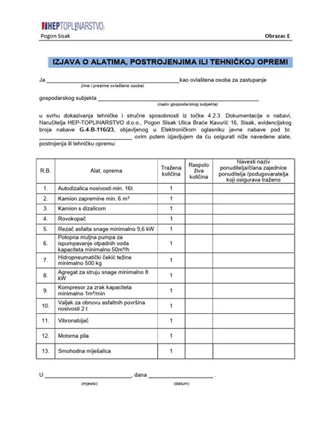 Obrazac E Izjava O Alatima Pdf