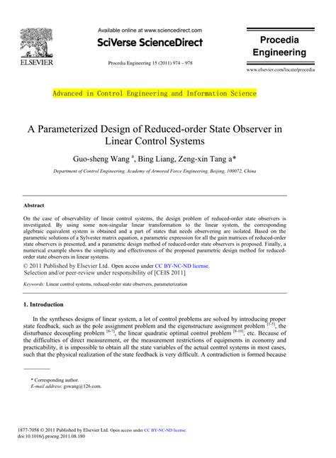 Pdf A Parameterized Design Of Reduced Order State Observer In Linear