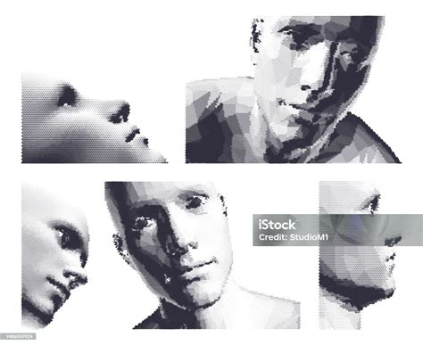 점으로 만든 추상적인 남자 머리 얼굴 인식 남자의 클로즈업 초상화 디지털 비전 보안 기술 및 감시 픽셀 아트3d 벡터 삽화 3