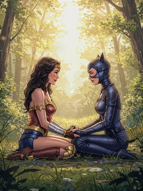 Wonder Woman Catwoman Sitting Holding Hands Yuri By Cathrynedelamort On