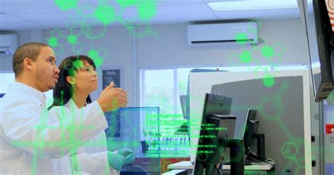 Image Of Chemical Formulas And Data Processing Over Diverse Male And Female Lab Workers Stock