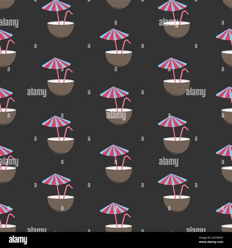Seamless Pattern With Half Coconut Drink Tube And Umbrella Polka Dot Style Cocktail In Half