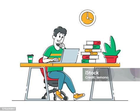 프리랜서 직업 개념 집에서 노트북에 먼 작업 안락 의자에 앉아 편안한 남자 프리랜서 캐릭터 작업자 창의력 프로세스 원격 작업장 작업 선형 벡터 일러스트레이션 일러스트레이션에