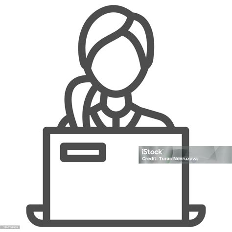 여자 랩톱 라인 아이콘에서 작업 하는 학생 교육 개념 흰색 배경에 모니터 벡터 기호 뒤에 소녀 모바일 개념 및 웹 디자인에 대 한 개요 스타일 아이콘 벡터 그래픽 10에