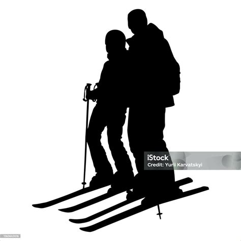 남자 여자 스키어 스키복을 입은 남자 스키 스틱을 손에 들고 있는 여자 아이가 발을 미끄러지게 합니다 스키어는 반쪽으로 서서 무릎을 구부렸다 겨울 스포츠 흰색 배경에 고립