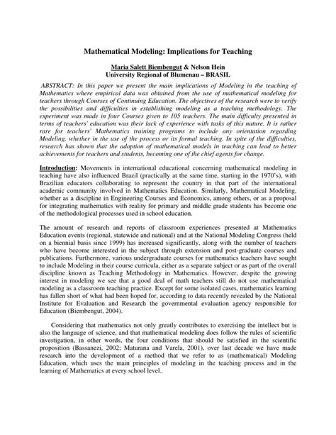 Pdf Mathematical Modeling Implications For Teaching