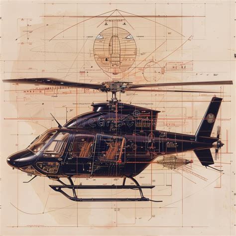 Detailed Technical Blueprint Of A Helicopter Showcasing Various Views
