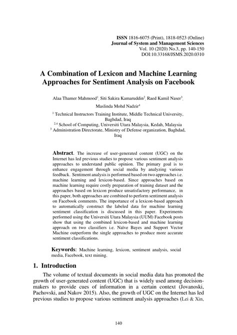 Pdf A Combination Of Lexicon And Machine Learning Approaches For Sentiment Analysis On Facebook