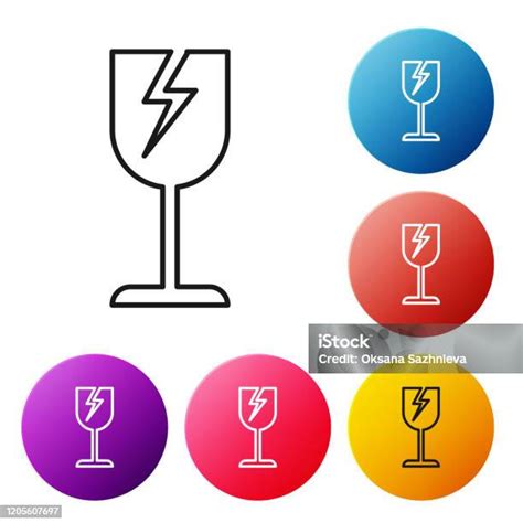 흰색 배경에 격리 된 배달 상자 아이콘에 대한 검은 선 깨지기 쉬운 깨진 유리 기호 아이콘 다채로운 원 버튼을 설정합니다 벡터 일러스트레이션 0명에 대한 스톡 벡터 아트 및