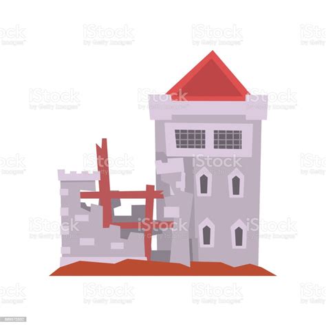 철 격자 창과 빨간색 원뿔 지붕 파괴 벽에 오래 된 성곽 중세 건축 술입니다 역사적인 건물 아이콘입니다 웹 모바일 게임 또는