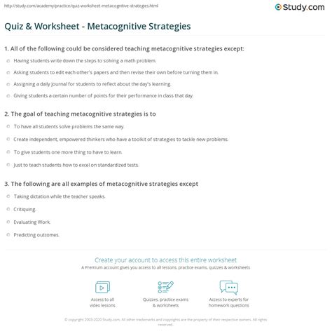 Quiz And Worksheet Metacognitive Strategies