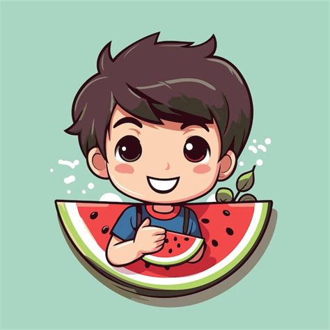 Menino Bonito Comendo Melancia Ilustração De Personagem De Desenho