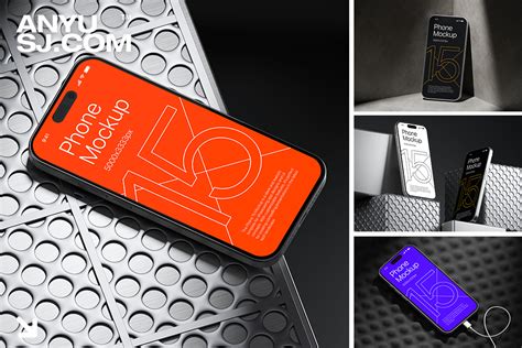 10款现代金属工业风iphone 15手机ui屏幕界面app作品集布局壁纸桌面设计展示psd样机套装iphone 15 App