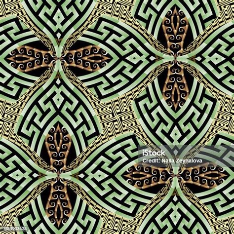 그린 골드 장식 현대 3d 그리스 벡터 완벽 한 패턴입니다 민족 스타일 빈티지 배경입니다 기하학적 반복 추상 배경 막입니다 장식적인 유행 장식입니다 고 대 그리스 키 조용히