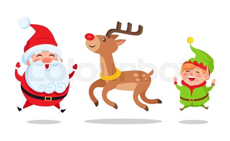 Santa And Elf Cartoon Characters Jumping High Icon Stock Vector