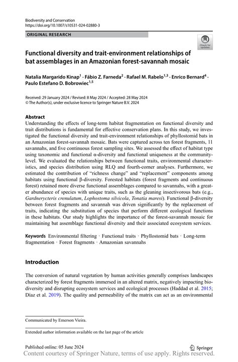 Functional Diversity And Trait Environment Relationships Of Bat Assemblages In An Amazonian