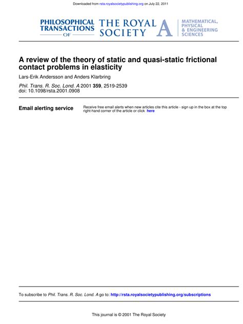 Pdf A Review Of The Theory Of Static And Quasi Static Frictional Contact Problems In Elasticity
