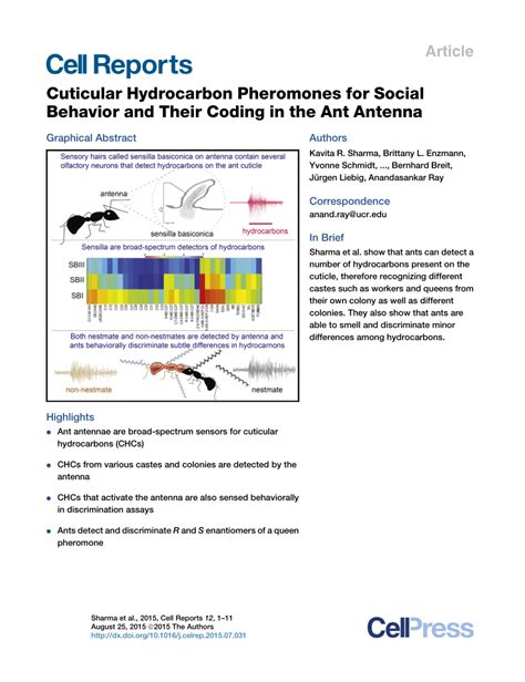 Pdf Cuticular Hydrocarbon Pheromones For Social Behavior And Their Coding In The Ant Antenna