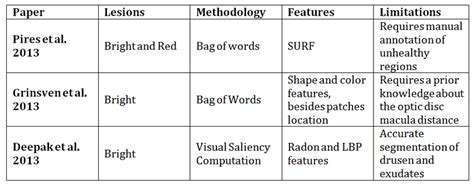 Summary Of Related Work Bright Lesions Include Exudates And Drusen Download Scientific