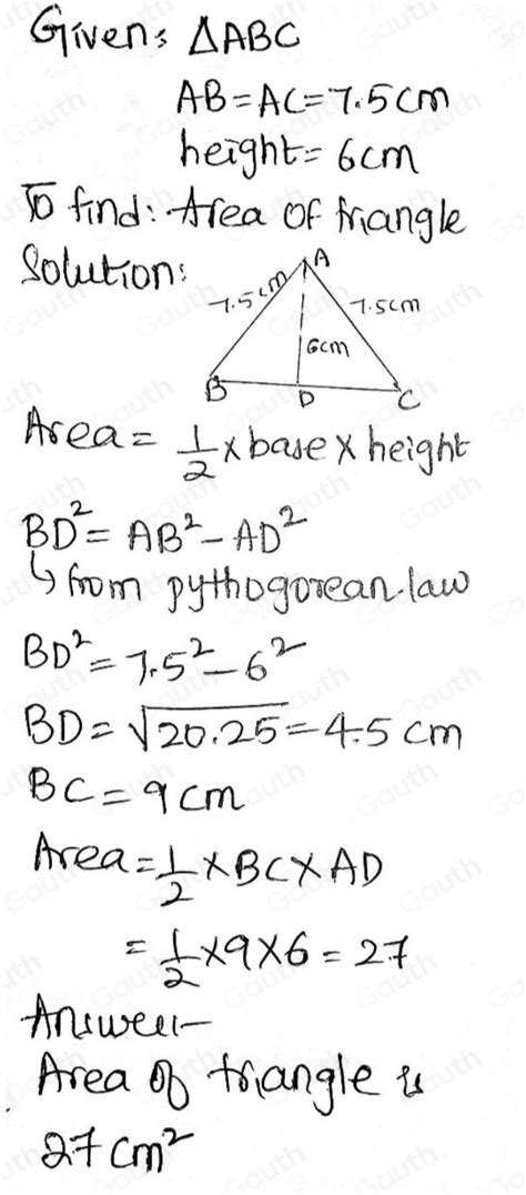 Solved ≌the Diagram Shows Isosceles Triangle Abc Larks Ab Ac 7 5cm The Height Of The Triangle