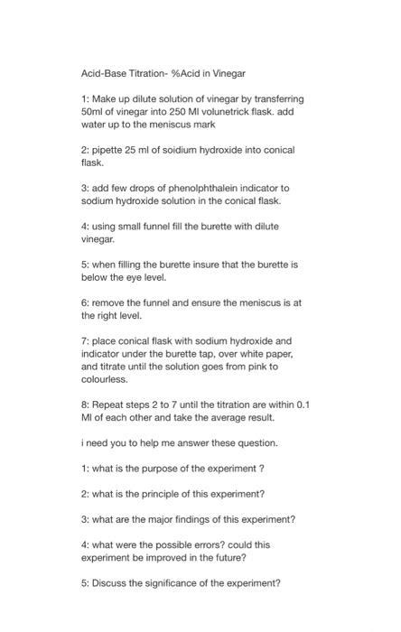 Solved Acid Base Titration Acid In Vinegar 1 Make Up