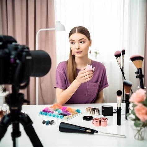 Premium Photo Makeup Blogger Creating Makeup Tutorial Vlog On Camera