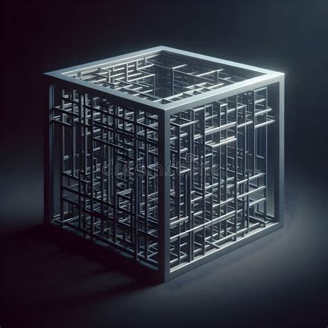 Complex Metallic Cube Structure Forming A Labyrinth On A Dark