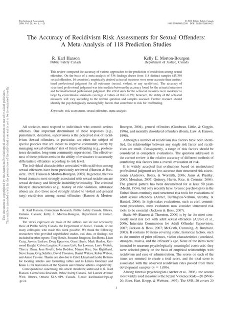 The Accuracy Of Recidivism Risk Assessments For Sexual Offenders A Meta Analysis Of 118