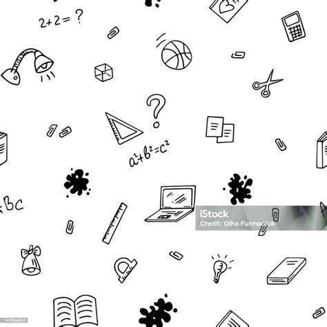 학교로 돌아가 원활한 패턴 낙서 손으로 그린 스케치 스타일 학습 및 교육을위한 항목이있는 배경 자유형 드로잉 미니멀 한 디자인
